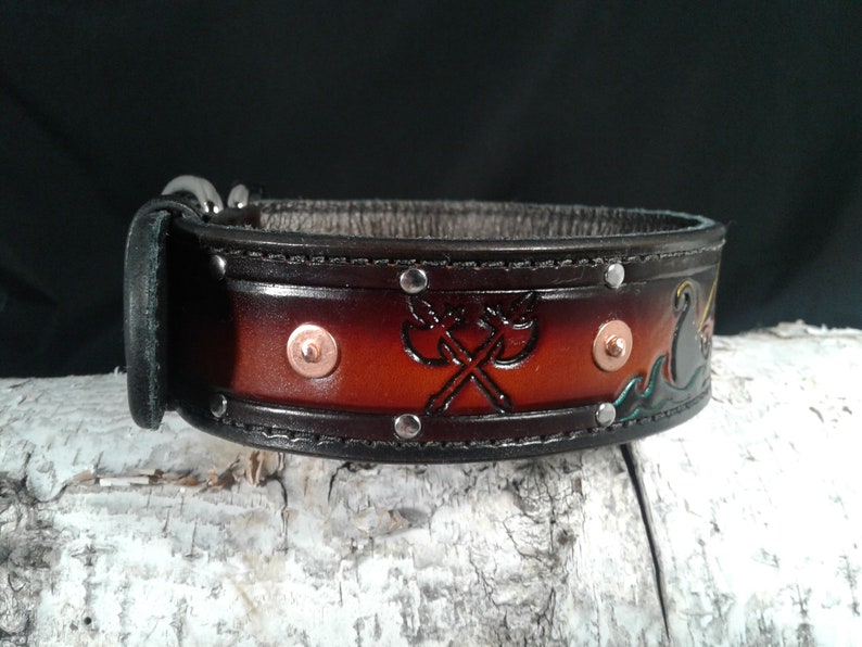Hand tooled 'Viking Longship' collar | Etsy