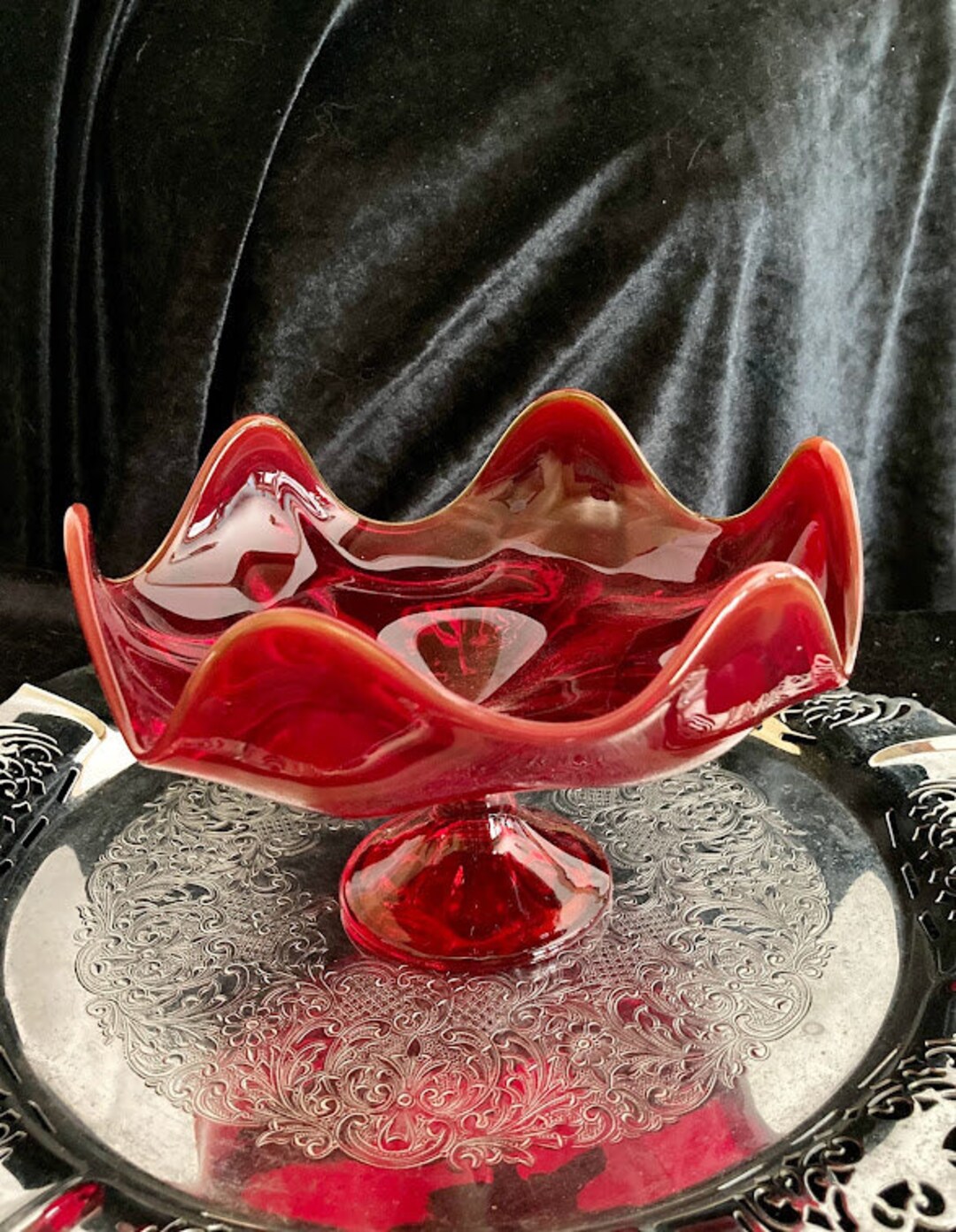 Mid-century Red Viking Glass Compote Swung With Amberina - Etsy