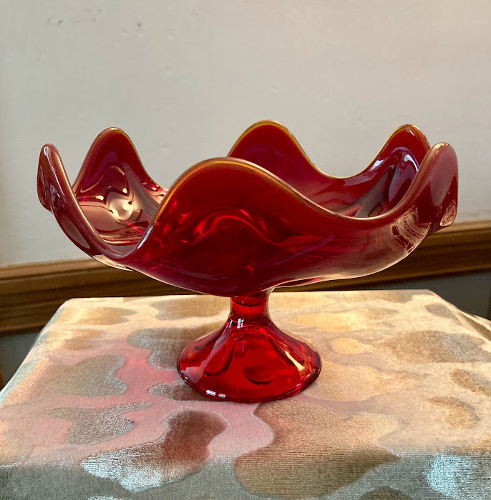 Mid-century Red Viking Glass Compote Swung With Amberina - Etsy