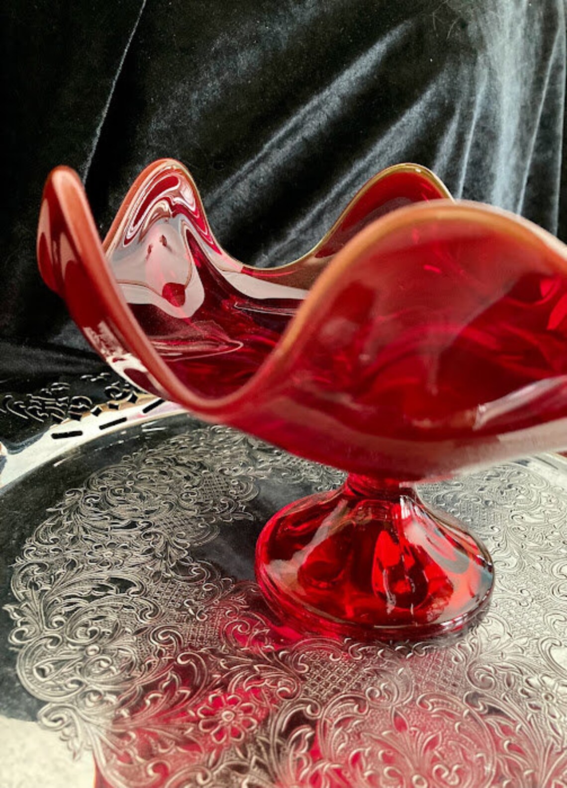 Mid-century Red Viking Glass Compote Swung With Amberina - Etsy