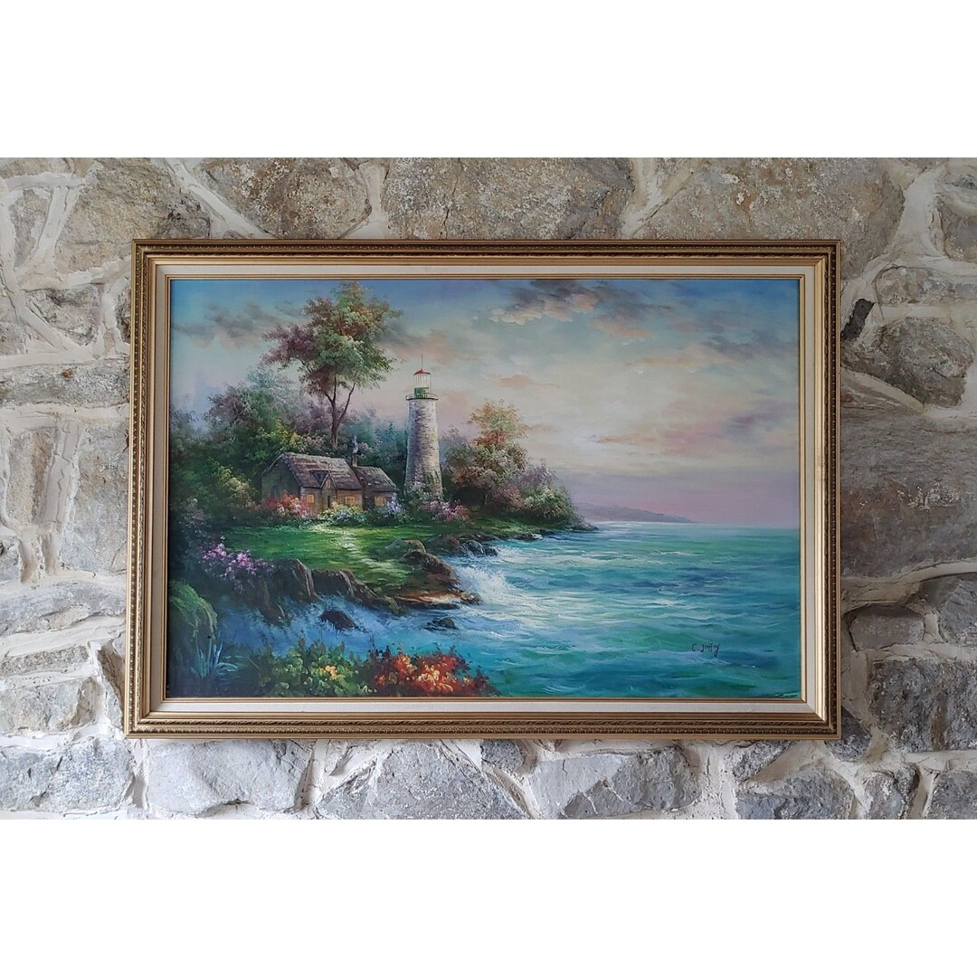 Lighthouse Cottage by Sea Oil Painting by C. Jaffey Style - Etsy