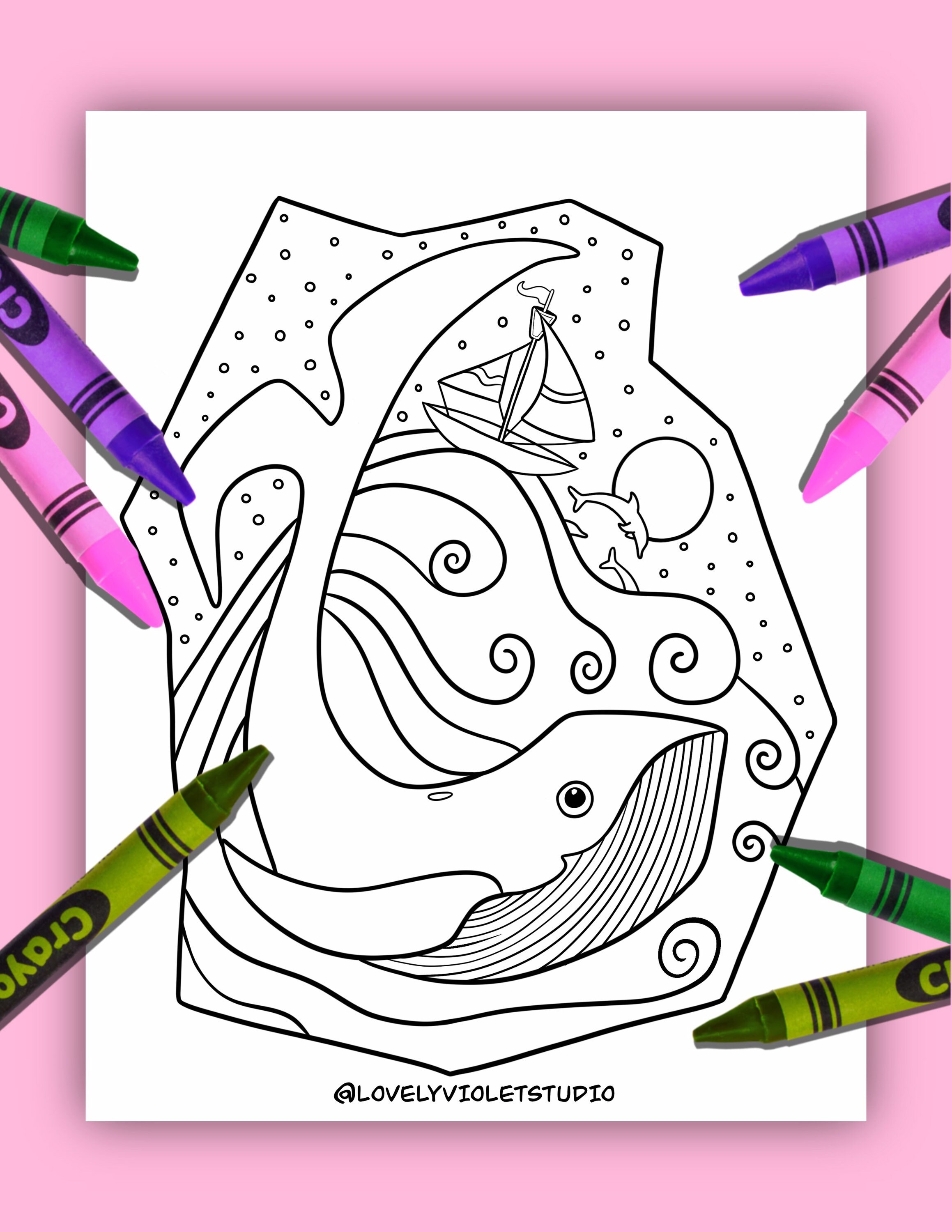 Whale and Ocean Coloring Page Digital Download, Printable Sea-life ...