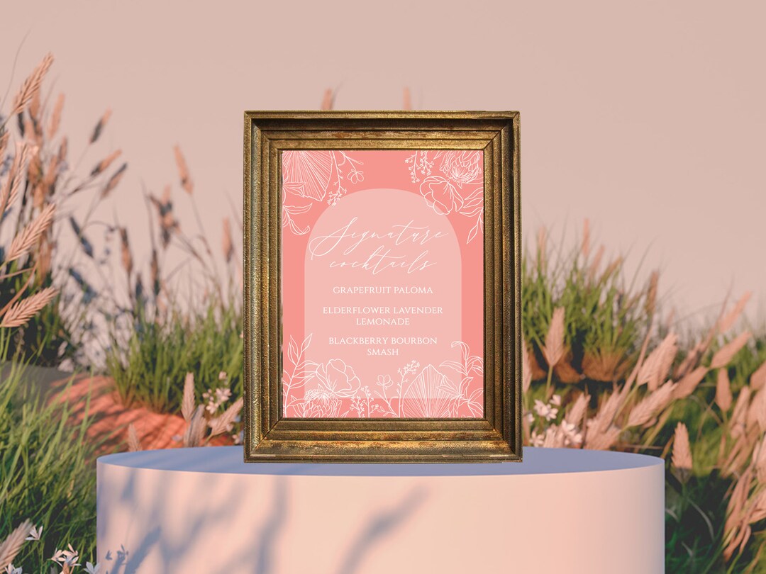 Boho Floral Outline Wedding Signature Cocktail Bar Sign, EDITABLE ...