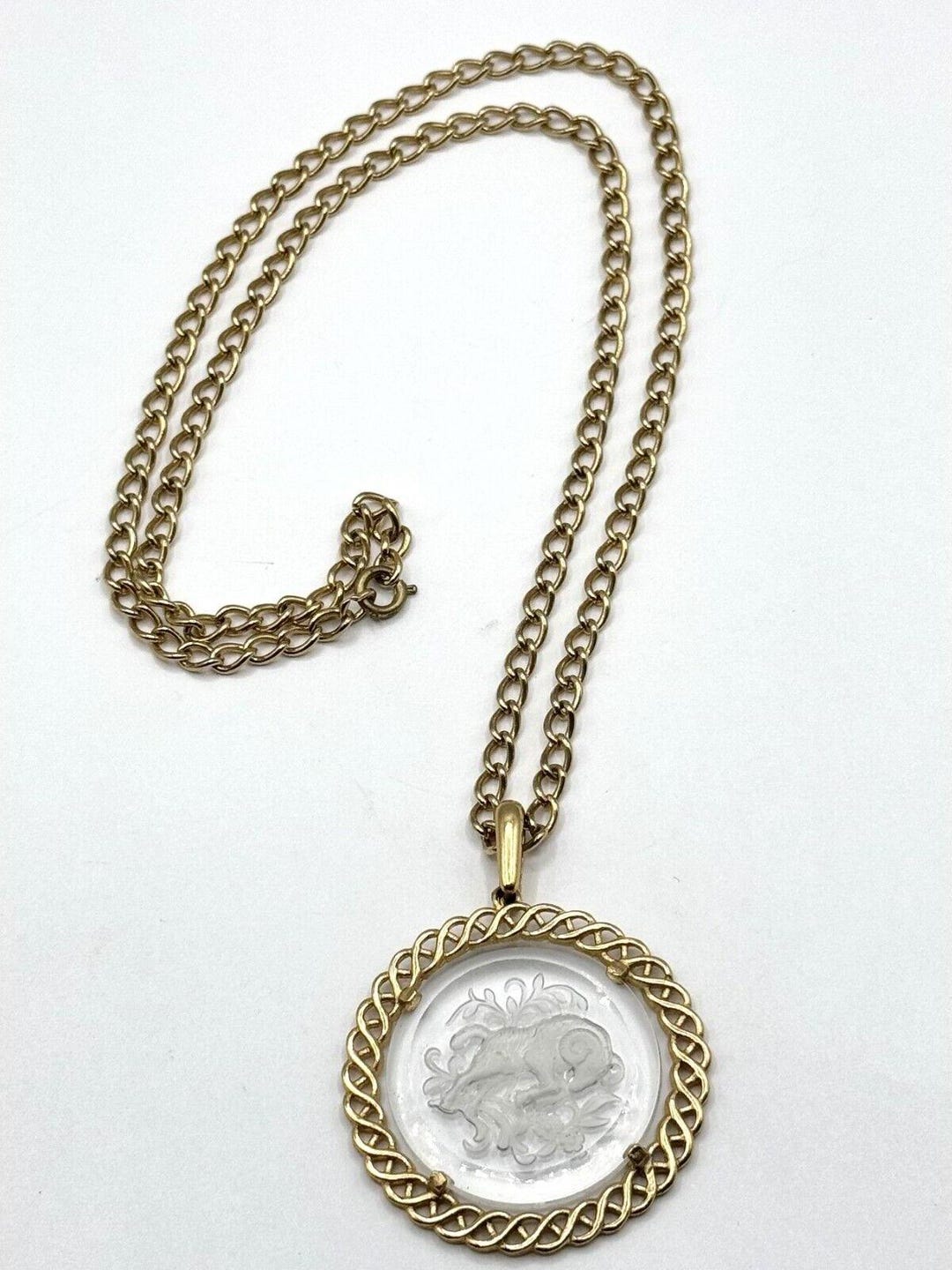 Vintage Crown Trifari Zodiac Horoscope Intaglio Glass Pendant Necklace ...