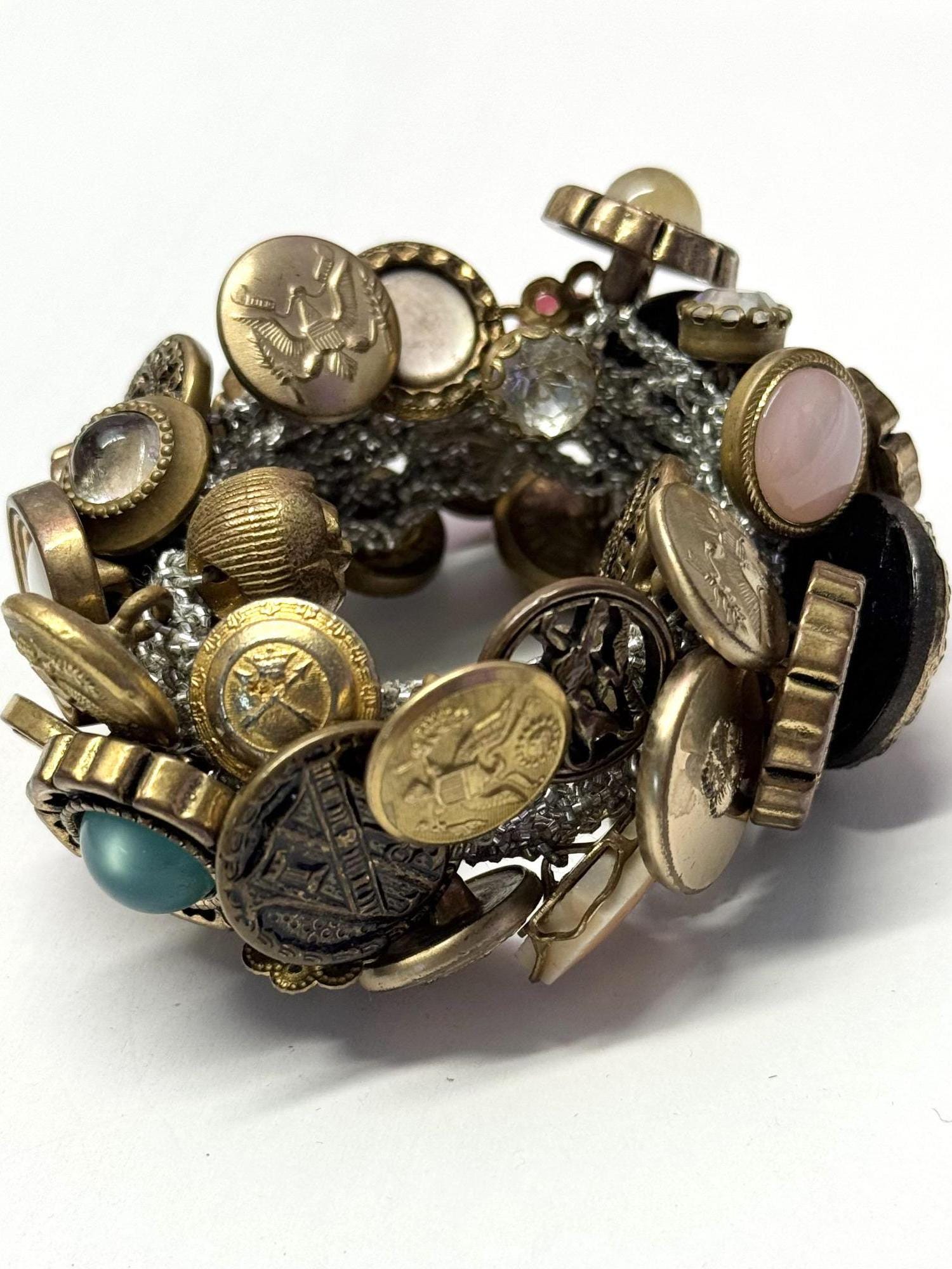 Vintage Estate Button Charm Handmade Stretch Bracelet - Etsy