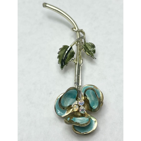 Vintage Blue Flower Enamel Rhinestone Brooch Pin - Gem