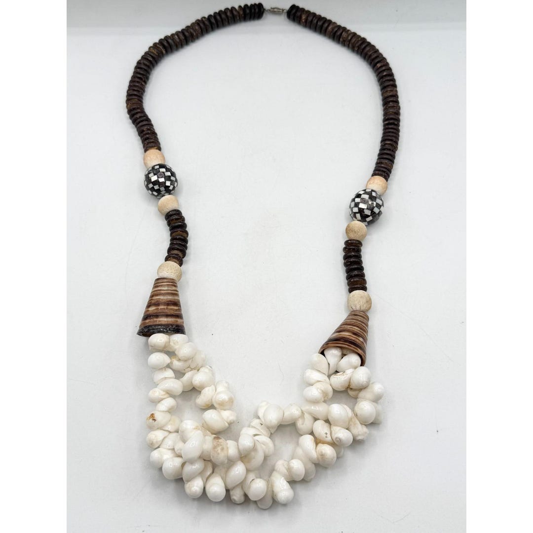 Vintage Wooden Seashell MOP Inlay Beaded Long Tribal Sea Queen Necklace ...