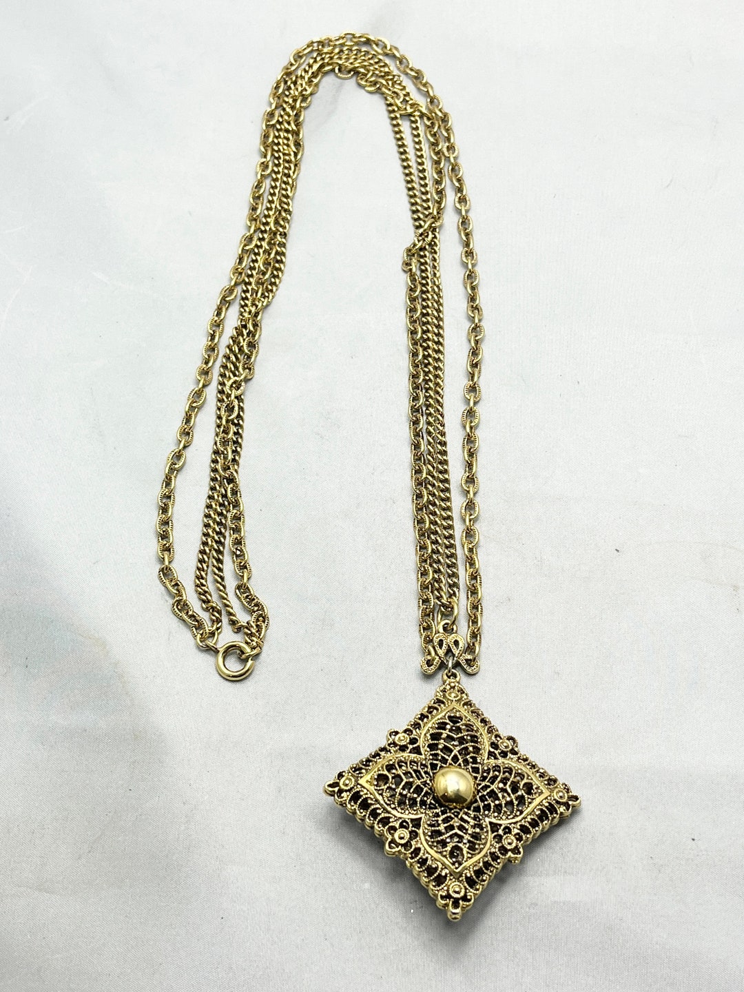 Vintage Gold Tone Large Filigree Pendant Necklace - Etsy