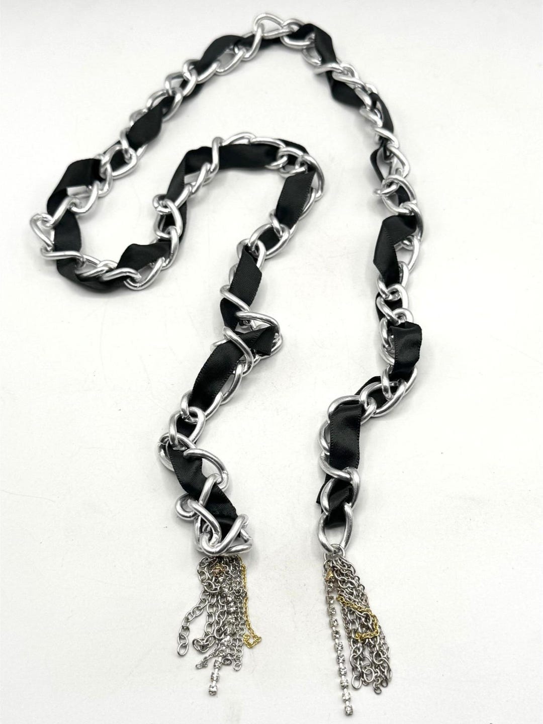 Black Ribbon Silver Rhinestone Chain Lariat Tassel Necklace - Etsy