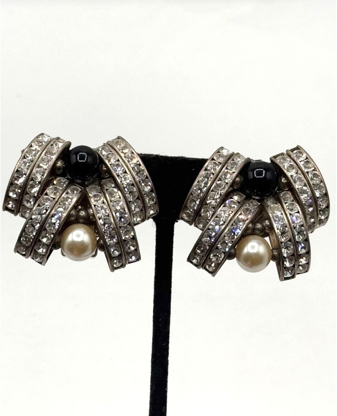 Vintage Channel Set Rhinestone Glass Pearl Clip on Estate Earrings - Etsy