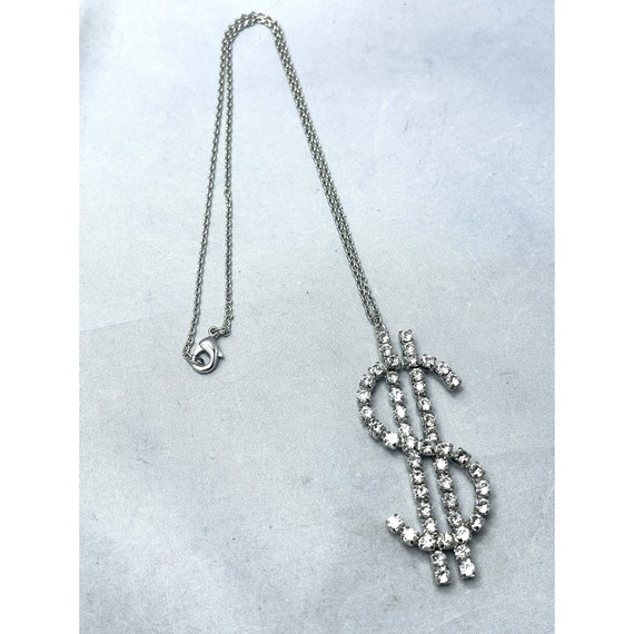 Vintage Dollar Sign Rhinestone Pendant Necklace - Gem