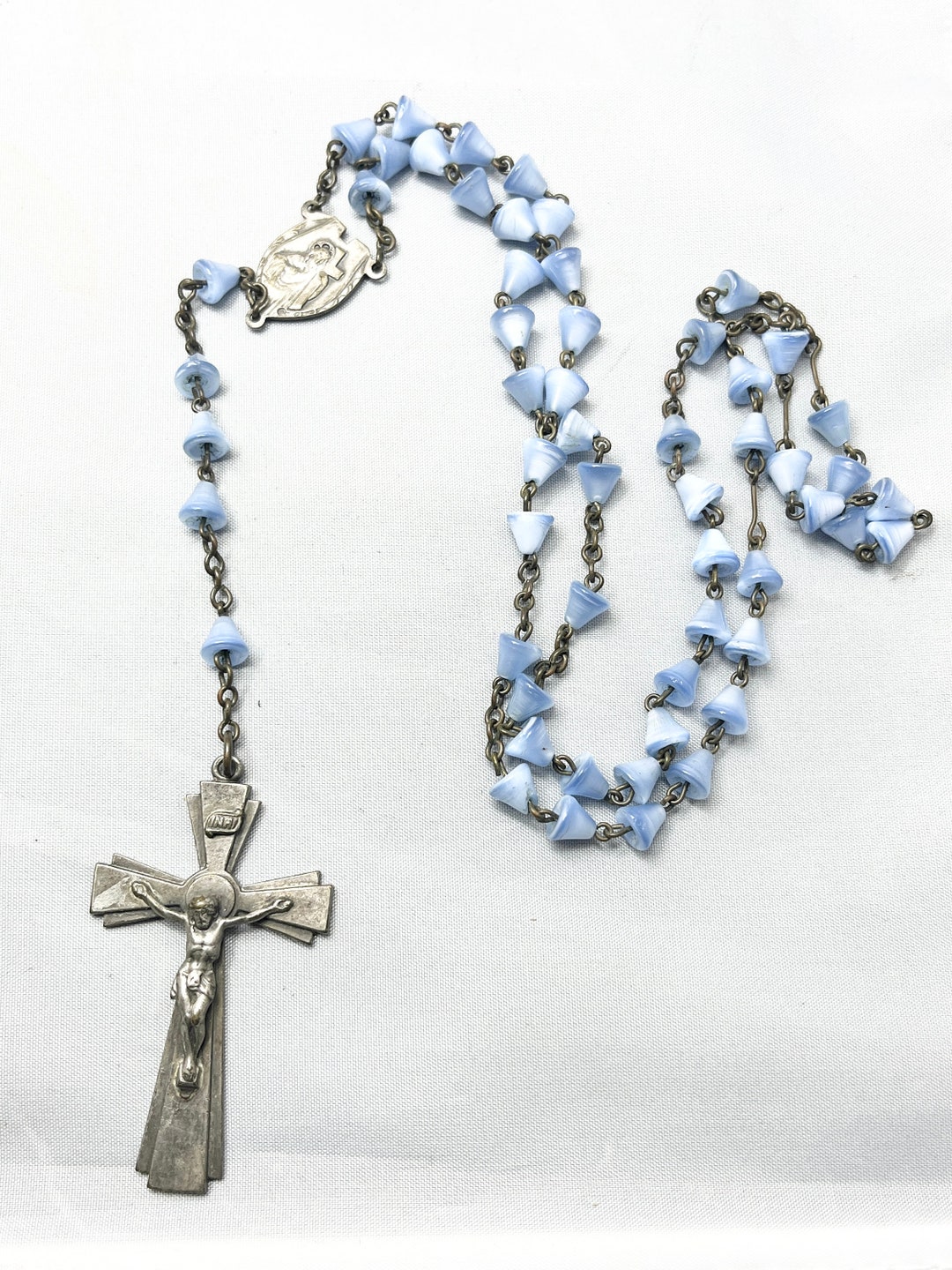 Vintage Blue Glass Beaded Rosary Catholic Cross Crucifix Necklace - Etsy