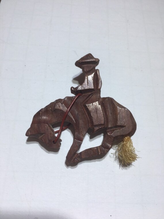 Vintage Very Early Cowboy & Horse wood Brooch Pin - Gem