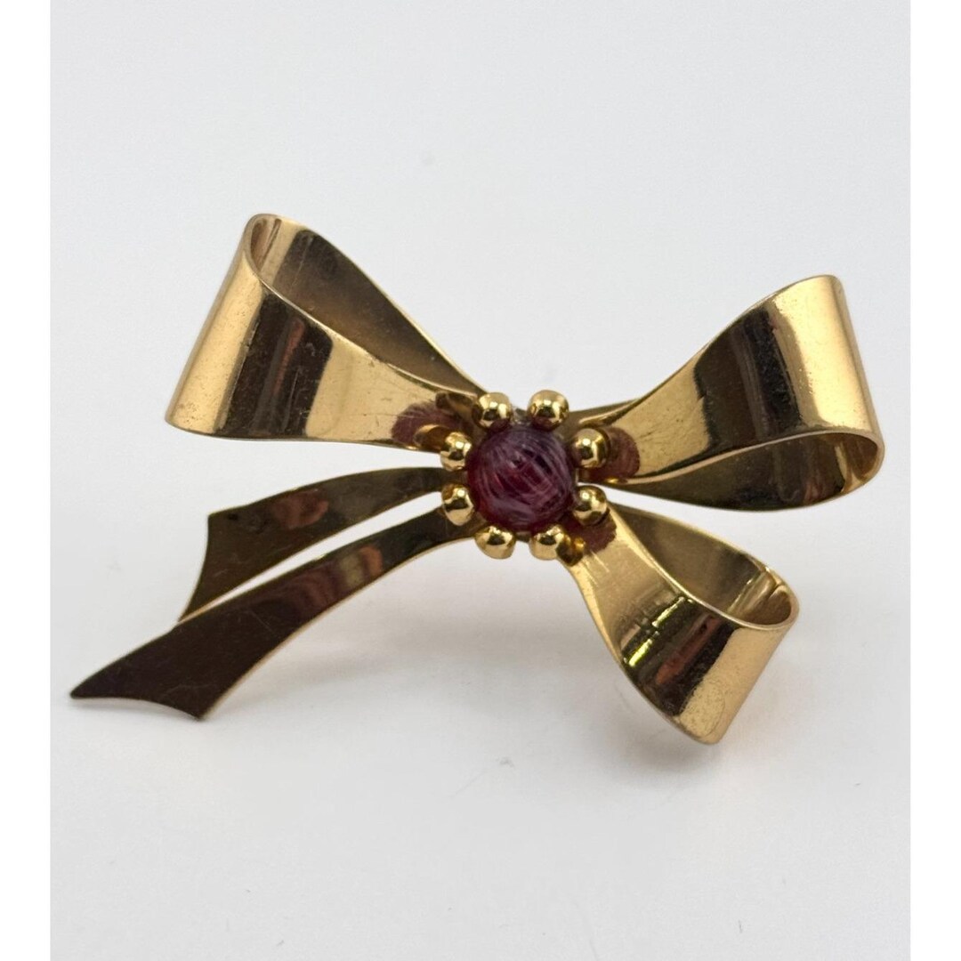 Vintage Coro Bow Brooch, Gold Tone With Red Center - Etsy