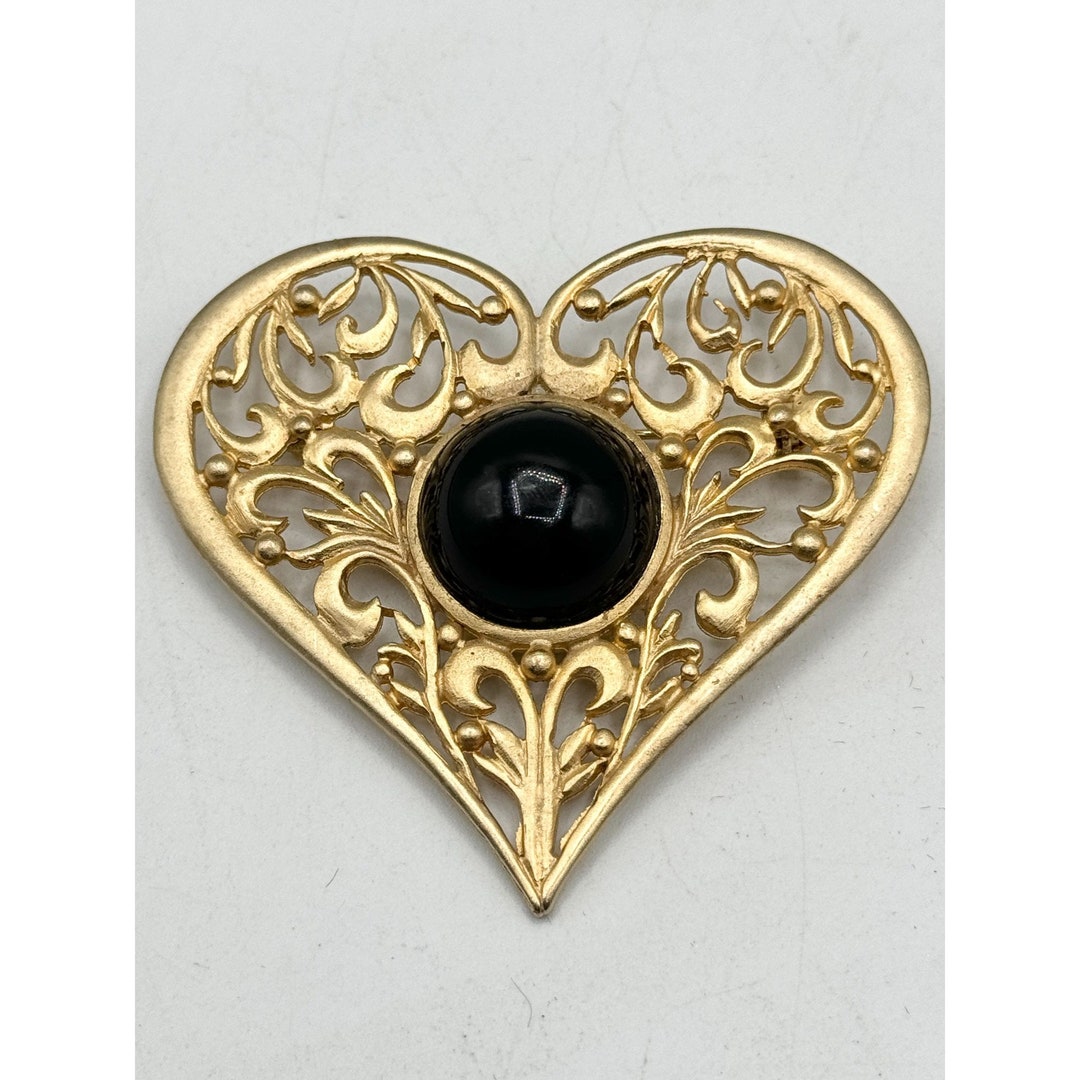 Vintage Gold Black Heart Brooch Pin - Etsy