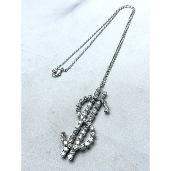 Vintage Dollar Sign Rhinestone Pendant Necklace - Gem