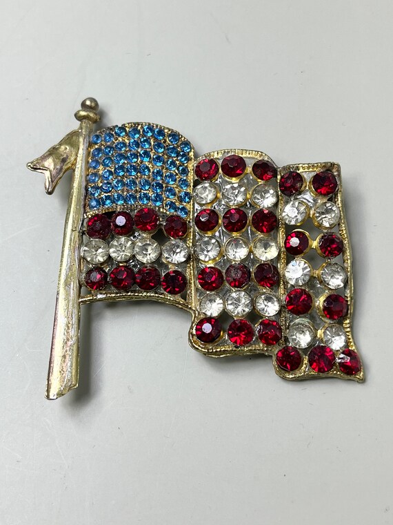 Estate American Flag Rhinestone Brooch Pin - Gem