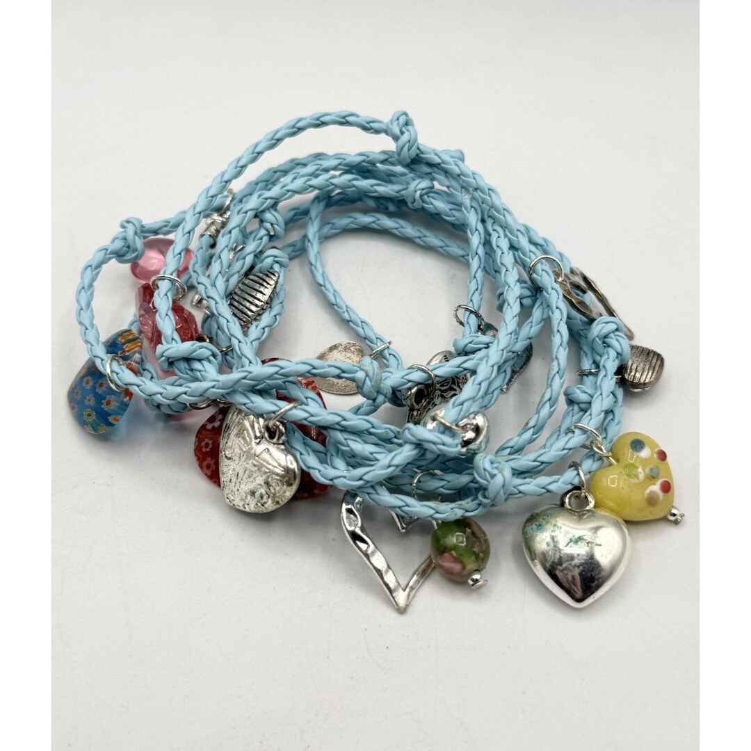 Blue Braided Leatherette Murano Art Glass Heart Charm Wrap Bracelet - Etsy