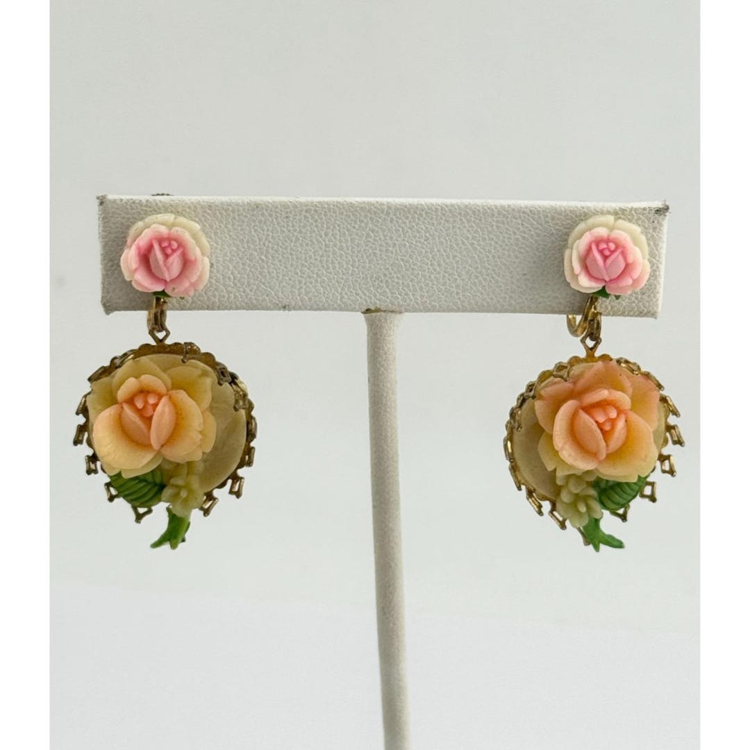 Vintage Celluloid Flower Dangle Drop Screw Back Earrings - Etsy