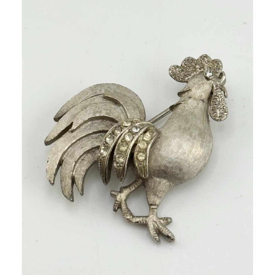 Vintage Silver Rhinestone Rooster Bird Brooch Pin - Etsy