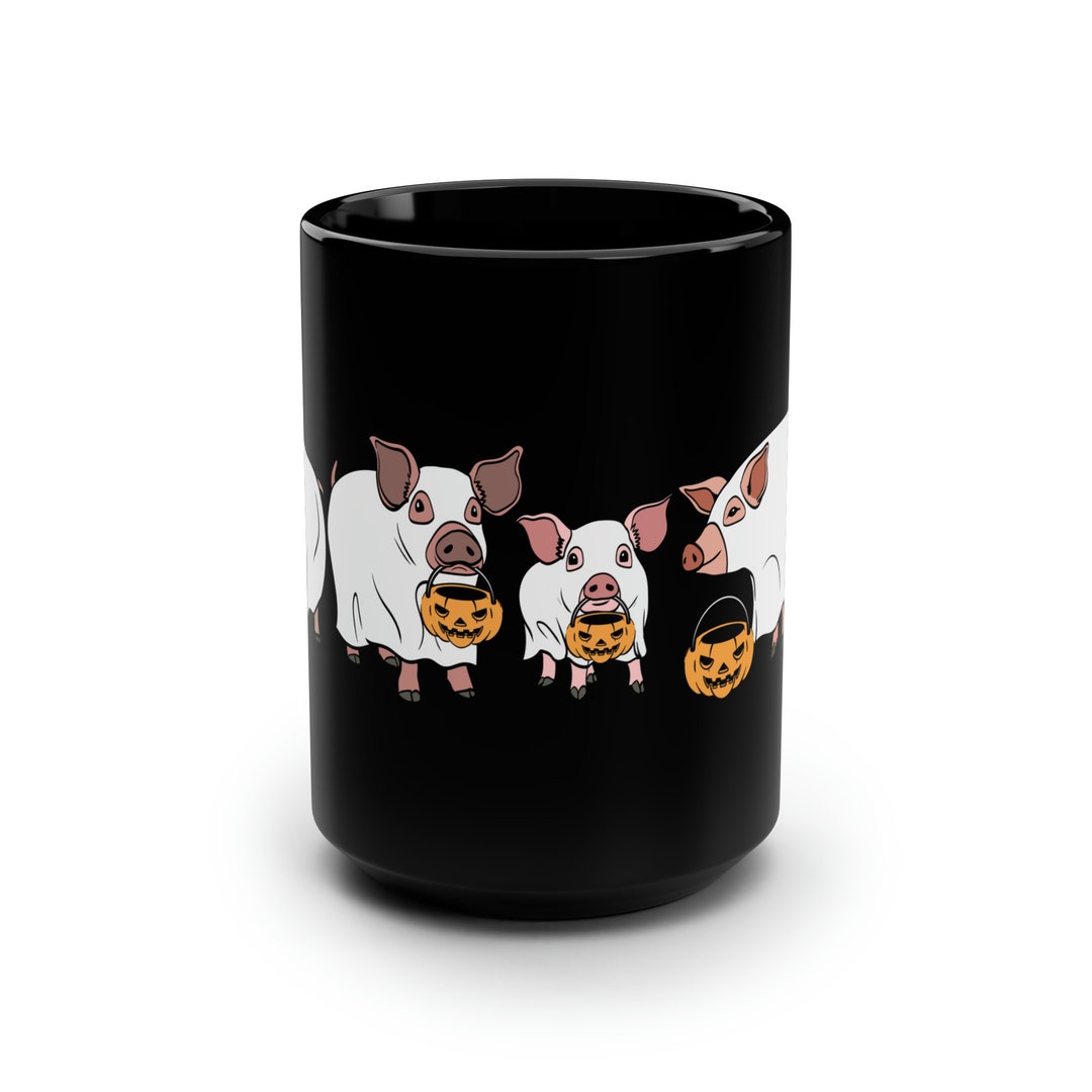 Funny Spooky Pigs Halloween Party Black Coffee Mug, Scary Pig Ghost ...
