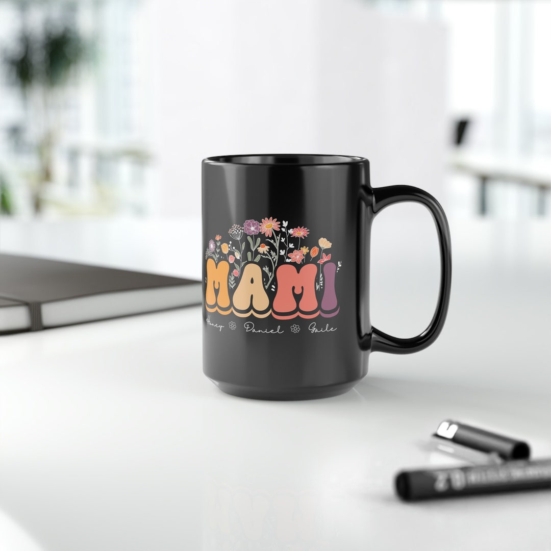 Personalized Floral Mami Retro Black Mug, Grandkids Names Gift for New ...