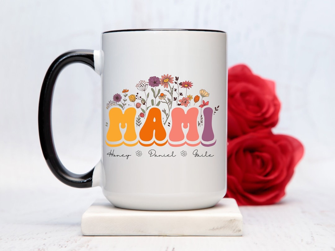 Personalized Floral Mami Retro Mug, Grandkids Names Gift for New ...