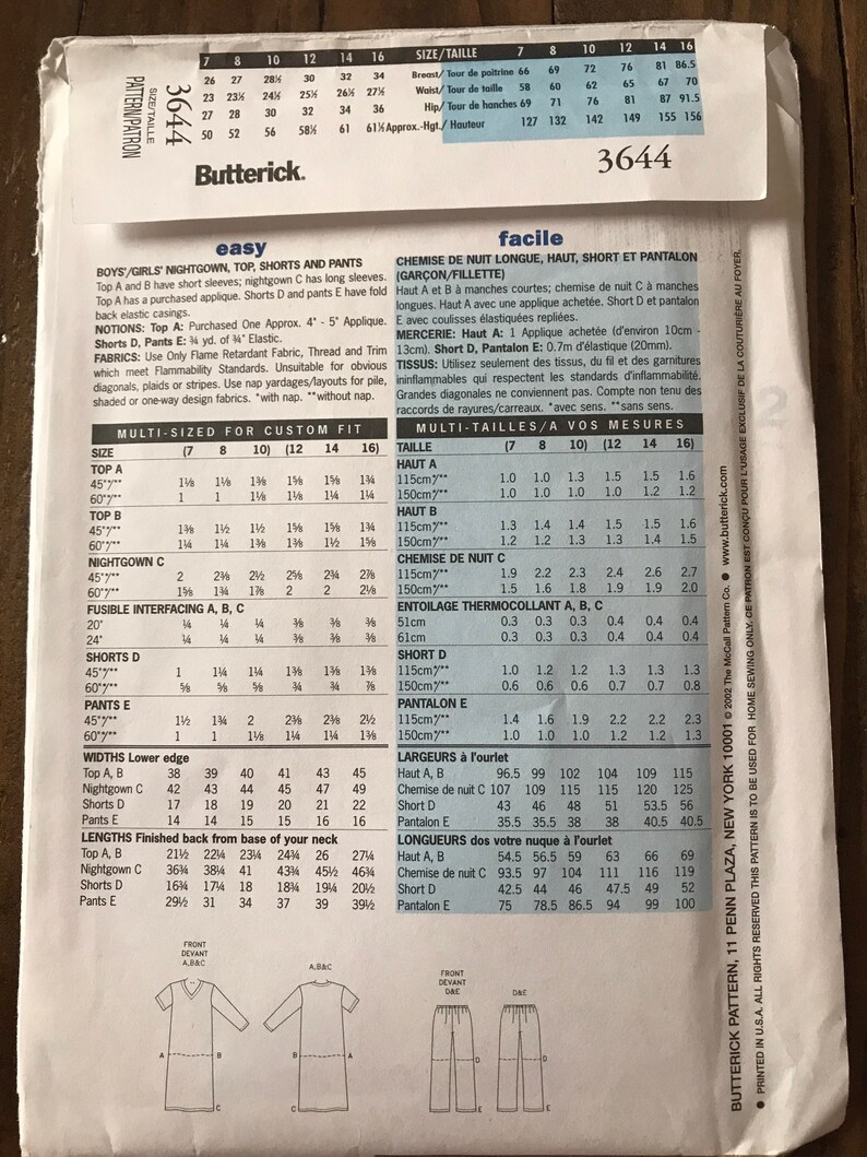 Butterick 3644 Kids Pajama Pattern - Etsy