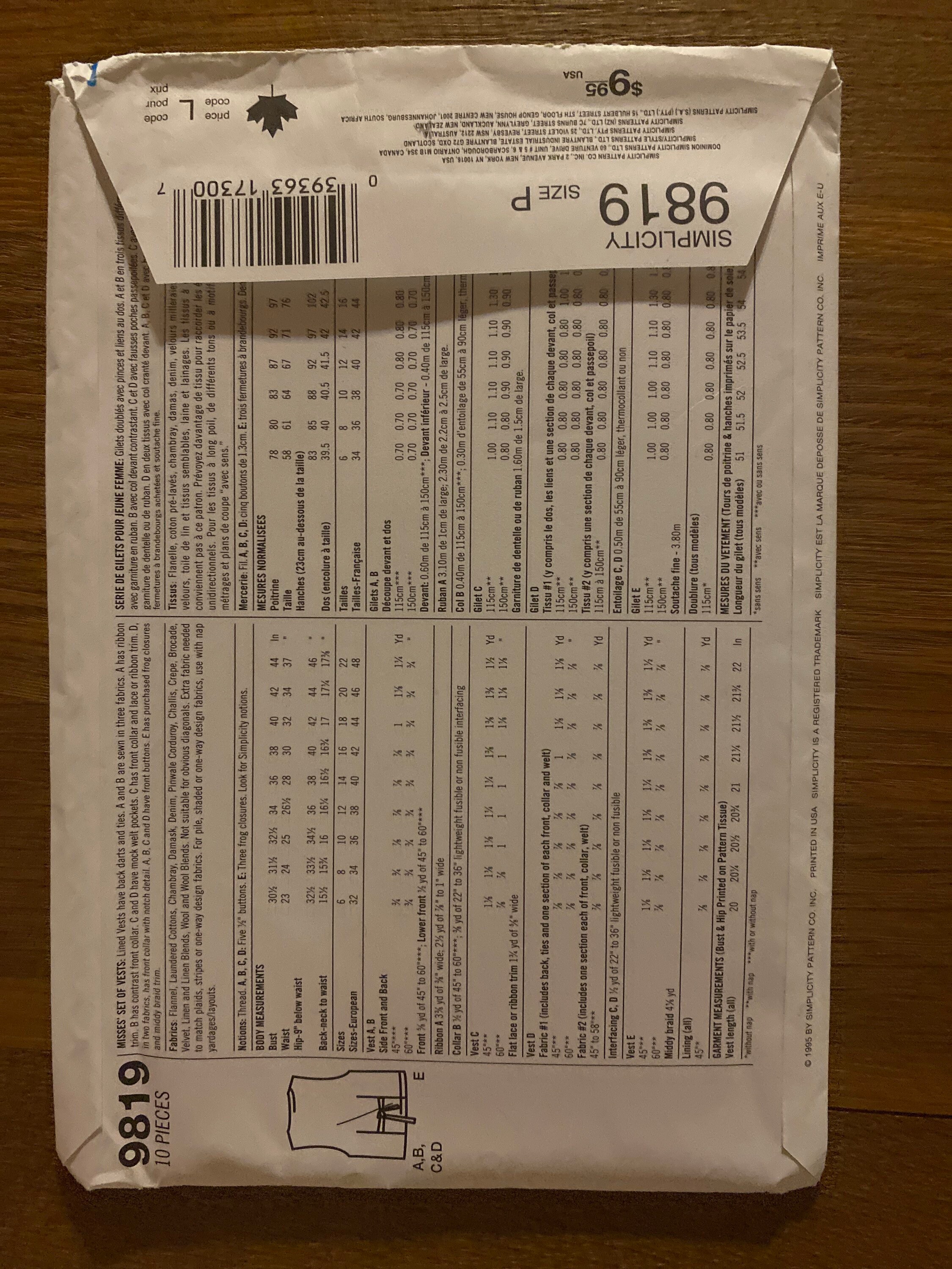 Simplicity 9819 Vest Pattern Sizes 12-16 - Etsy