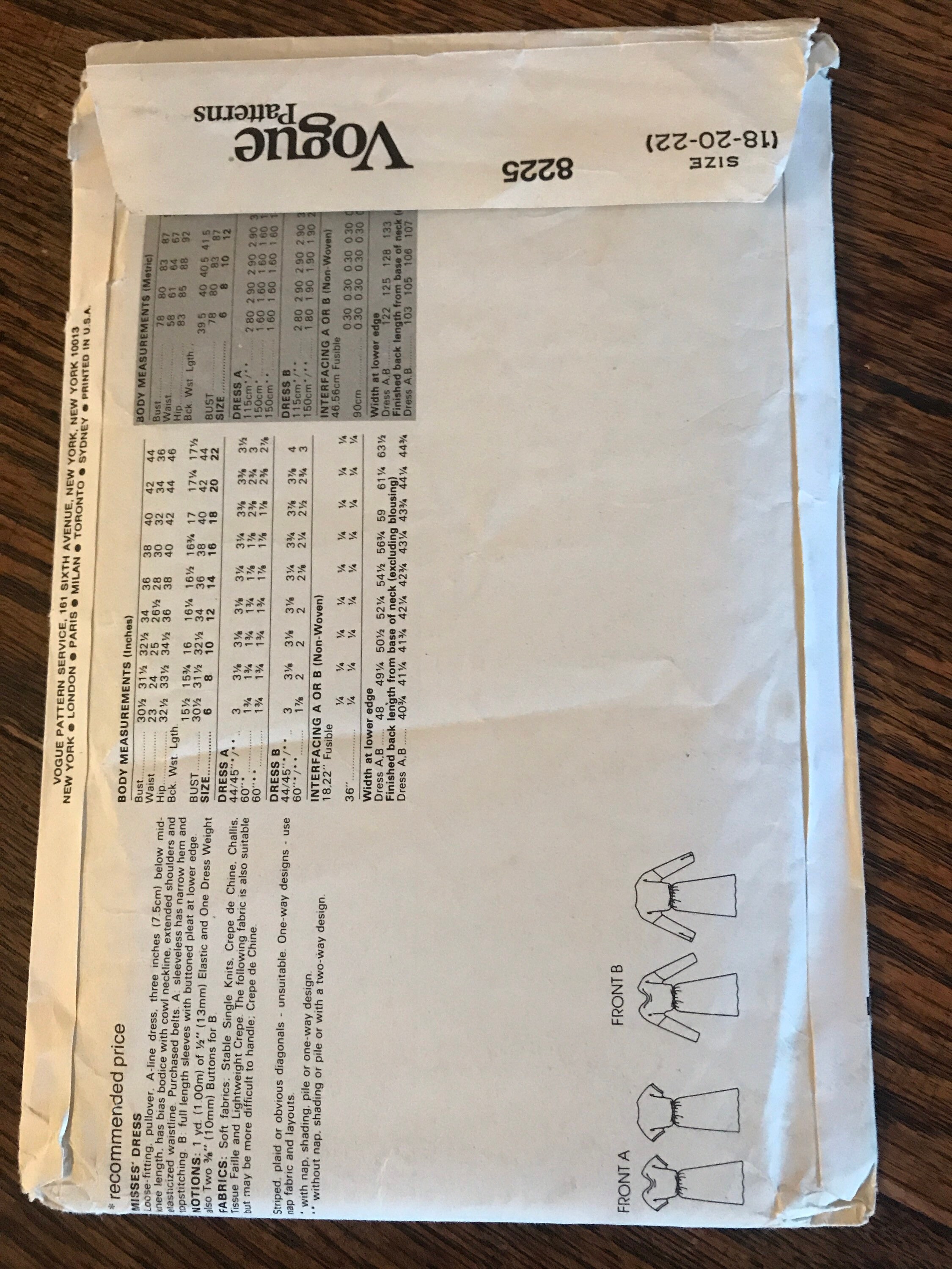 Vogue 8225 Size 18-22 Dress Pattern | Etsy