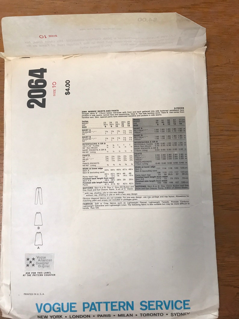 Vogue 2064 Skirt and Pants Pattern - Etsy