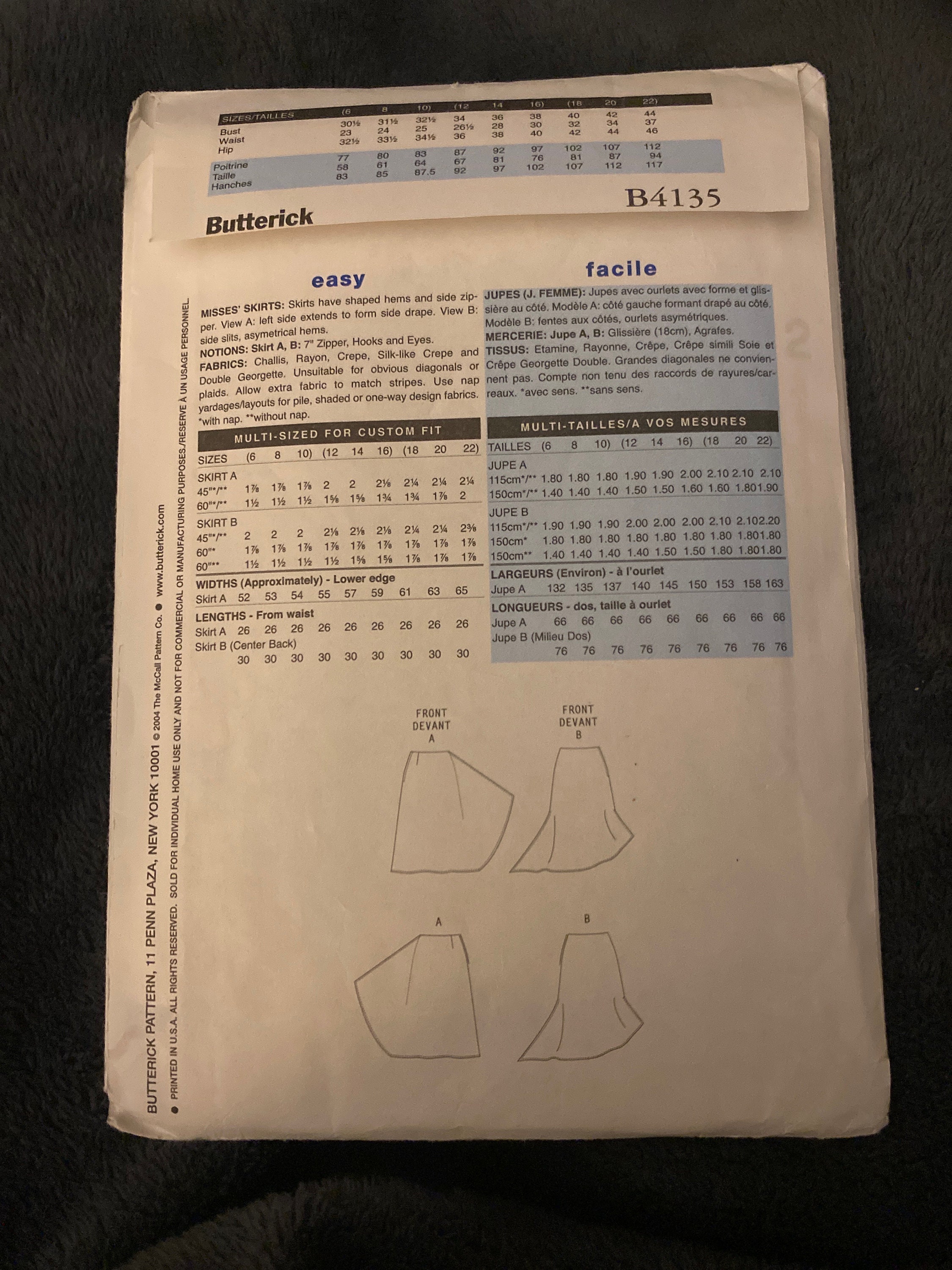 Butterick Pattern 4135 Skirt Pattern Size 12-16 - Etsy