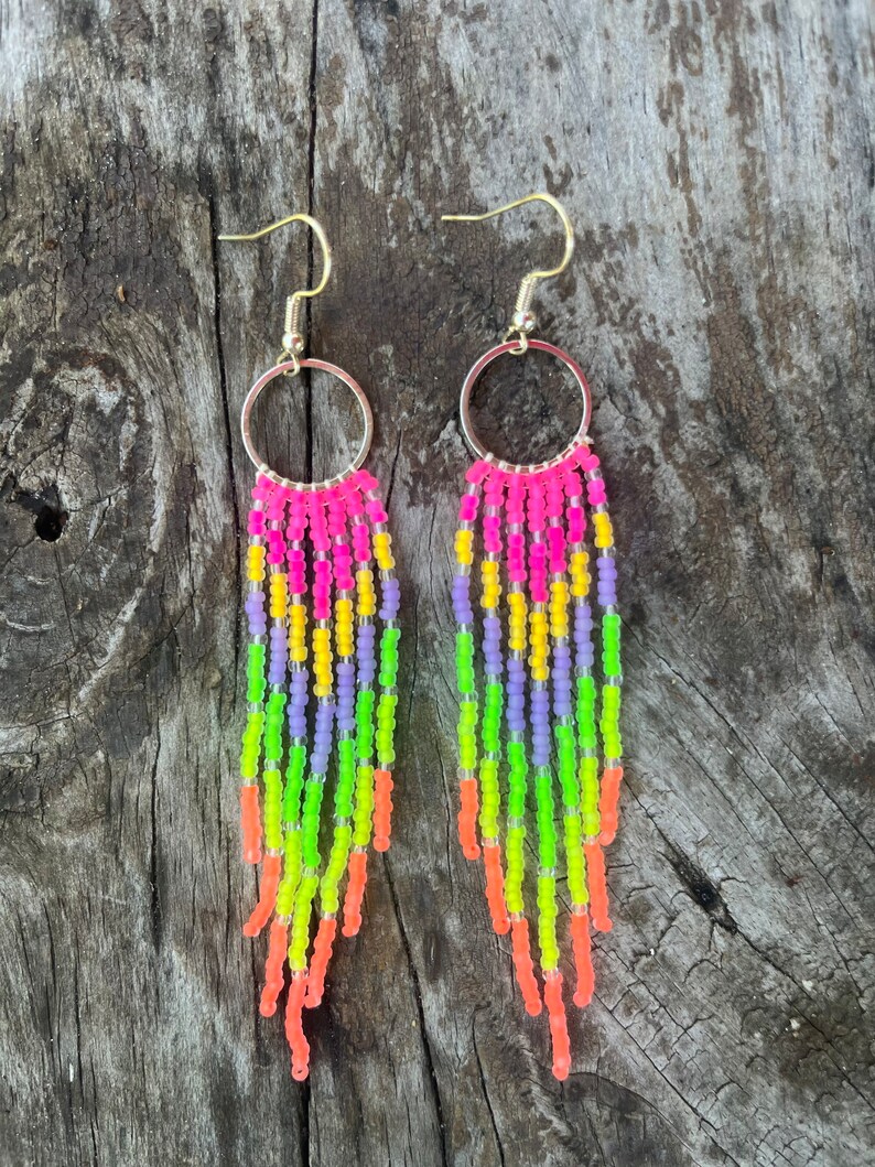 Beadwork Neon Festival Long Fringe Hippie Earrings - Etsy
