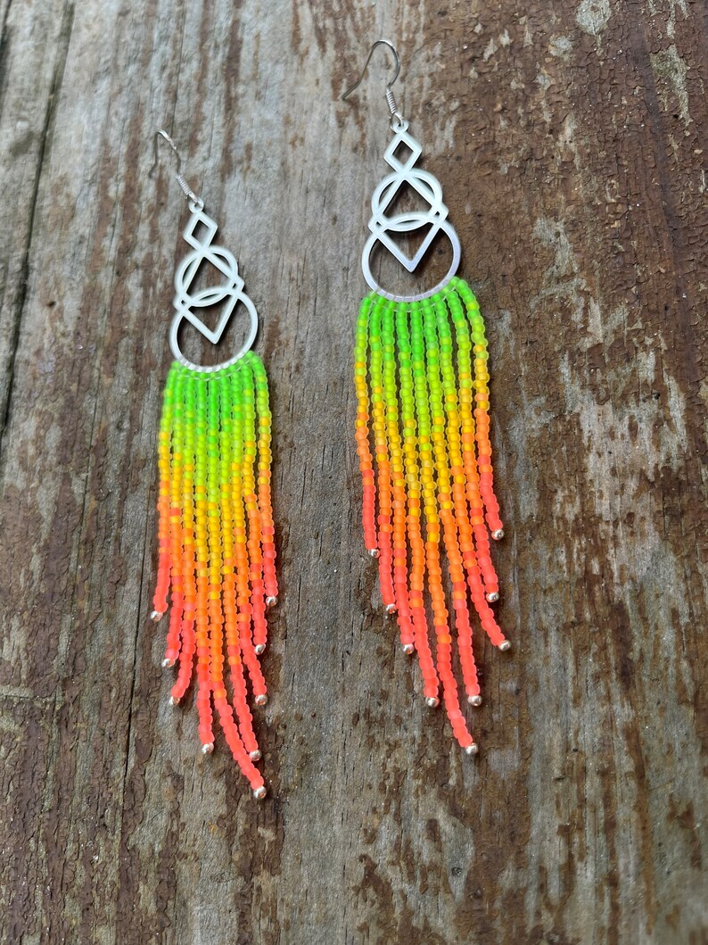 Sacred Geometry Neon Handwoven One of a Kind Long Festival Earrings - Etsy