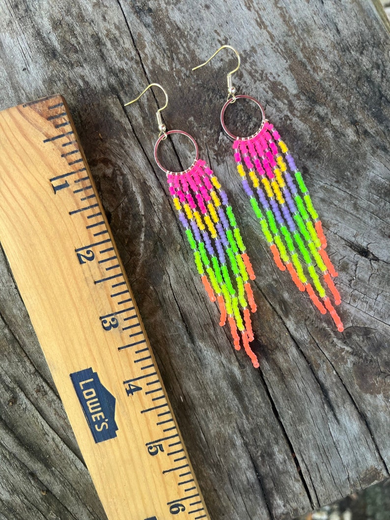 Beadwork Neon Festival Long Fringe Hippie Earrings - Etsy