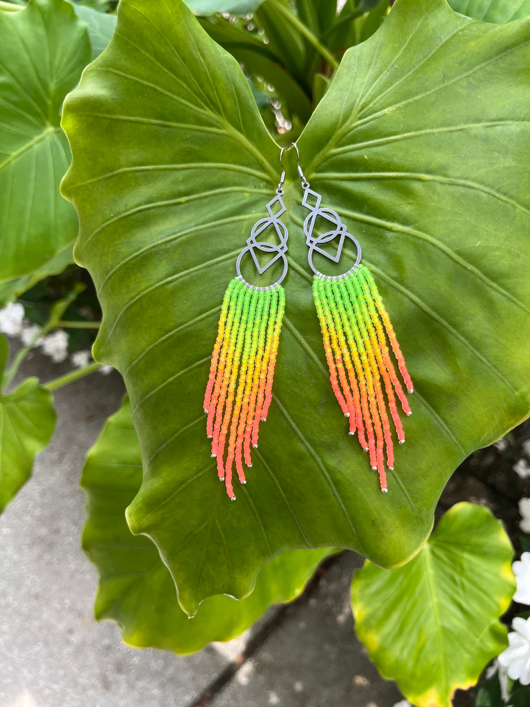 Sacred Geometry Neon Handwoven One of a Kind Long Festival Earrings - Etsy