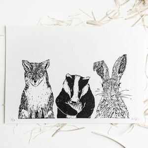 Wildlife Linocut Print | Fox, Badger, Rabbit | Handmade Limited Lino ...