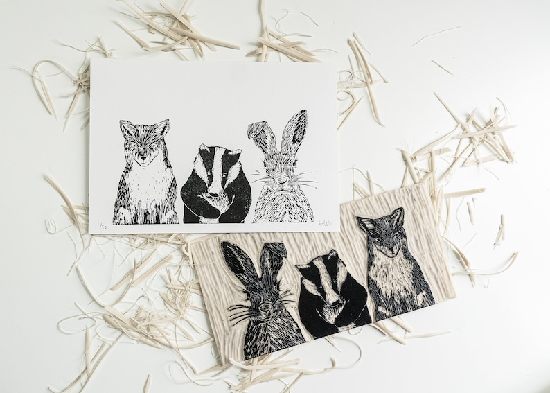 Wildlife Linocut Print Fox Badger Rabbit Handmade - Etsy