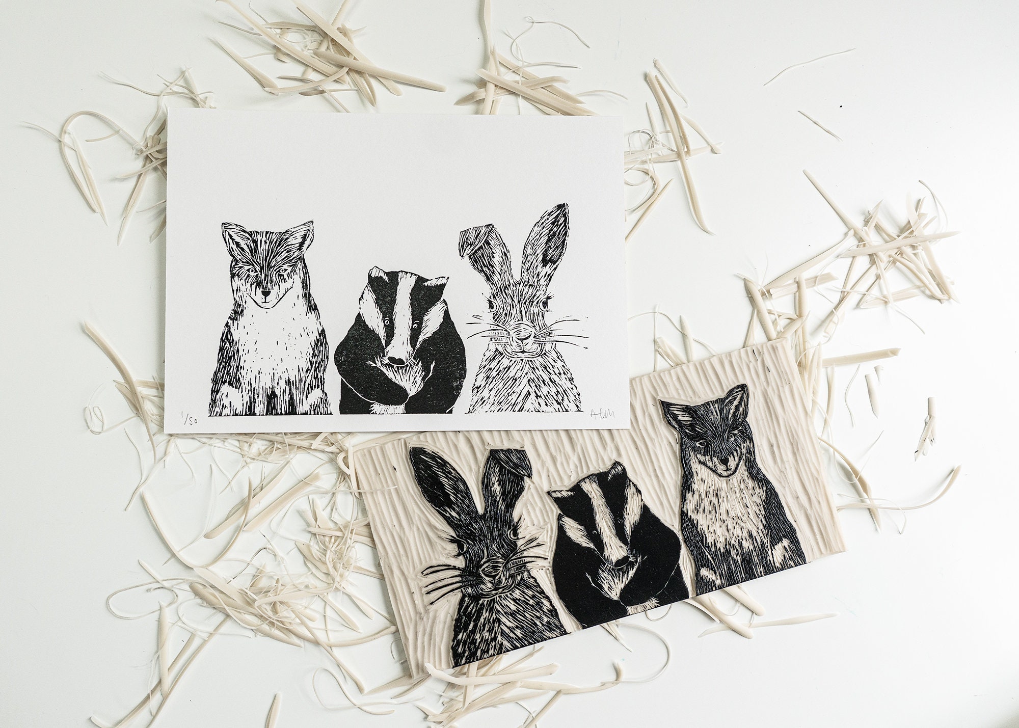 Wildlife Linocut Print | Fox, Badger, Rabbit | Handmade Limited Lino ...