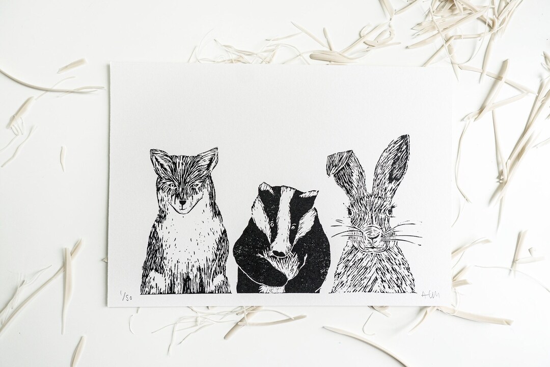 Wildlife Linocut Print | Fox, Badger, Rabbit | Handmade Limited Lino ...