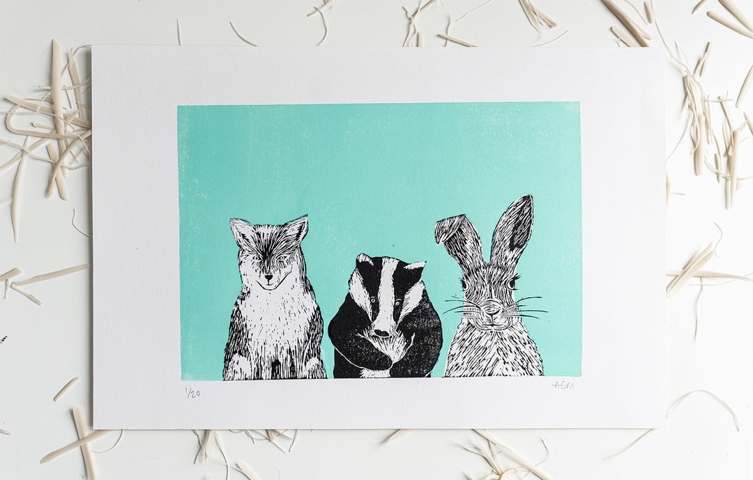 Wildlife Linocut Print | Fox, Badger, Rabbit | A4 Mint Teal ...