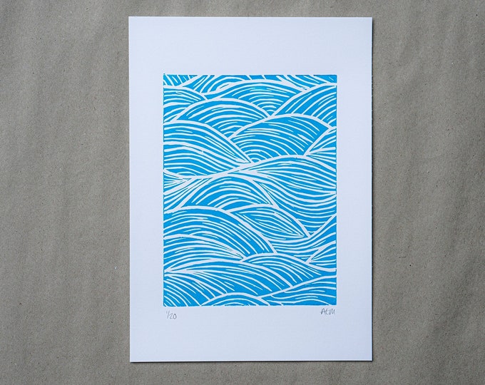 Japanese Waves Linocut Print / Lino Print/ Ocean Blue Nautical Print ...
