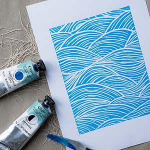 Japanese Waves Linocut print / Lino print/ Ocean Blue Nautical | Etsy