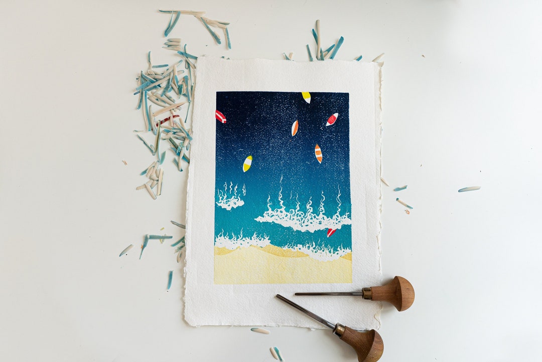 Beachy Days Linocut Print Sea Coastal Landscape Wall Art for Beach ...