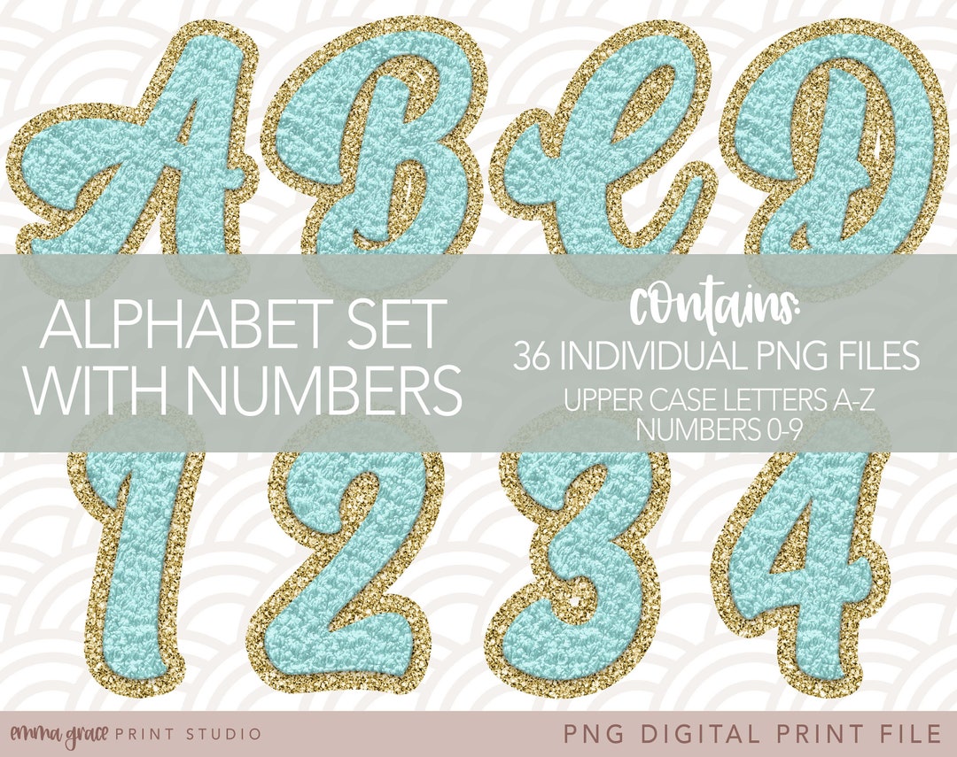 Teal and Gold Cursive Faux Chenille Patch Alpha Pack, PNG Files for ...