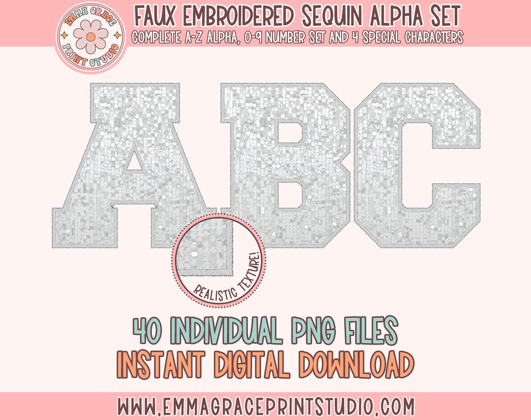 Faux Embroidered Sequin PNG Alphabet Set, White Sequin Varsity Letters ...