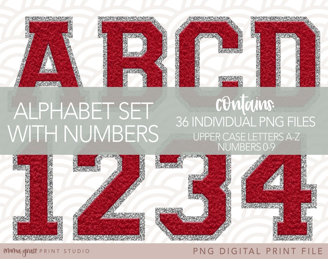 Red and Silver Trim Faux Chenille Patch Alpha Pack, PNG Files for ...