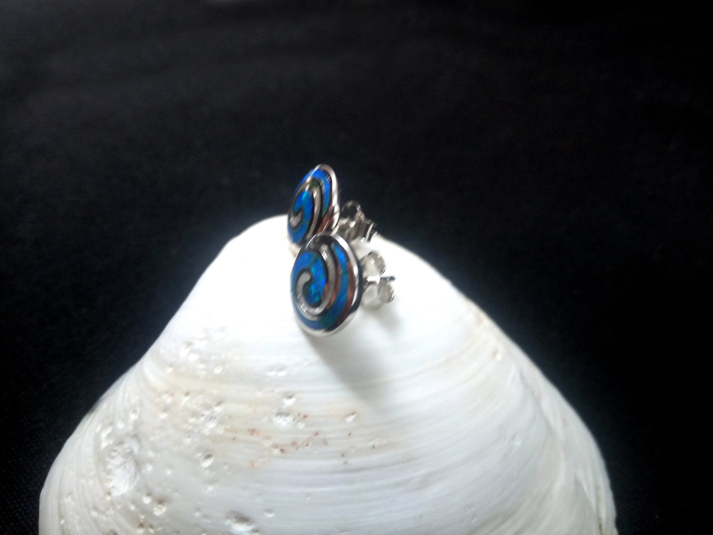 Sterling Silver 925 Greek Spiral Fire Blue Opal Stud Earrings | Etsy
