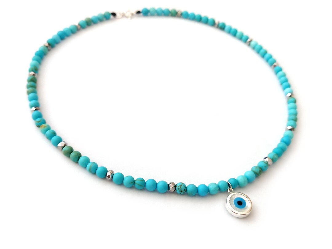 Greek Evil Eye Necklace, Natural Turquoise Stones 4mm, Sterling Silver ...