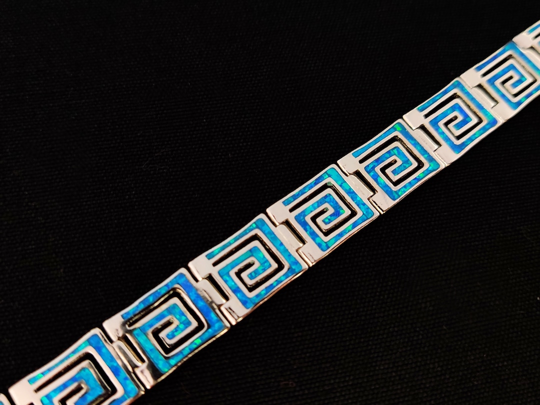Sterling Silver 925 Square Greek Bracelet Blue Opal Stones 10mm ...